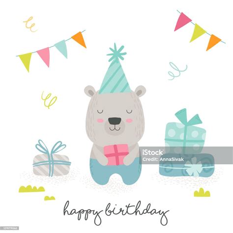 귀여운 만화 스칸디나비아 스타일의 테디 베어 주위에 플래그 화환과 손으로 쓴 타이포그래피가있는 포장 선물 상자를 들고 생일 축하