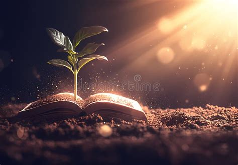Close Up Of A Book Growing Green Sprouts In The Morning Sun Knowledge