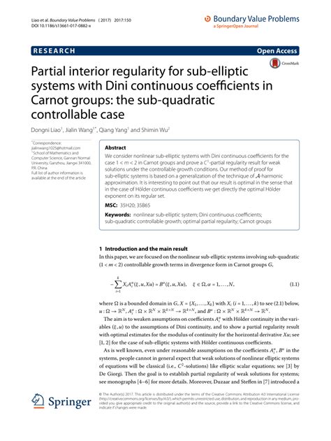 Pdf Partial Interior Regularity For Sub Elliptic Systems With Dini Continuous Coefficients In