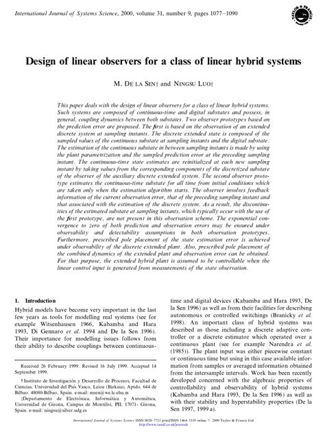 PDF Design Of Linear Observers For A Class Of Linear Hybrid Systems