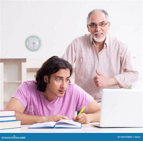 Old Father Helping His Son In Exam Preparation Stock Image Image Of Father Online 284193865