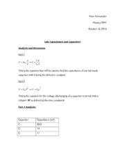 Lab 6 Capacitors Peter Hernandez Physics 20BL October 13 2013 Lab Capacitance And Capacitors