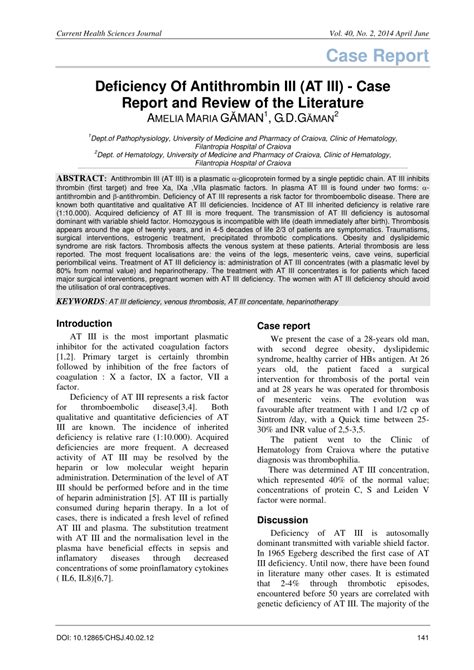 Pdf Deficiency Of Antithrombin Iii At Iii Case Report And Review Of The Literature