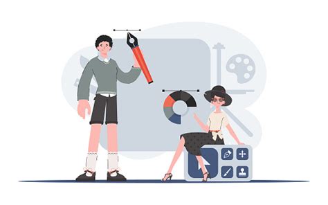 한 여자가 색상 팔레트를 들고 앉아 있고 한 남자가 그 옆에 서서 펜 도구를 들고 있습니다 디자인 프레젠테이션을 위한 요소 가상