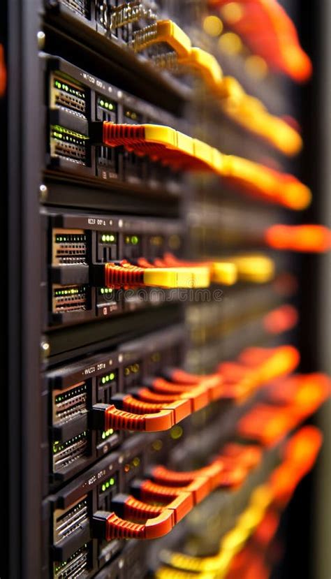Close Up View Of Server Rack With Network Cables And Glowing Lights