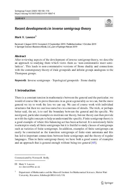 Pdf Recent Developments In Inverse Semigroup Theory