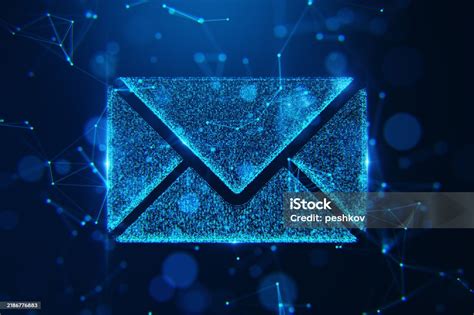 진한 파란색 배경에 빛나는 점과 연결이 있는 네온 디지털 봉투 아이콘입니다 현대 전자 통신 기호의 개념 3d 렌더링 0명에 대한 스톡 사진 및 기타 이미지 Istock