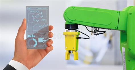 Engineer Controls Robot In A Smart Factory Stock Image Image Of