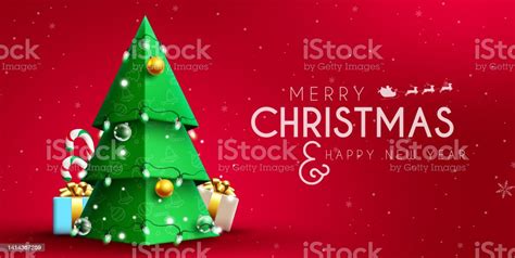 크리스마스 인사말 벡터 디자인 메리 크리스마스 텍스트 3d 종이 컷 크리스마스 트리 요소 우아한 빨간색 배경 장식에 휴일 및 새해 메시지 패턴에 대한 스톡 벡터 아트 및