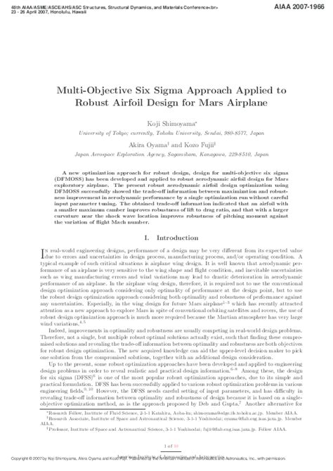Pdf Multi Objective Six Sigma Approach Applied To Robust Airfoil Design For Mars Airplane