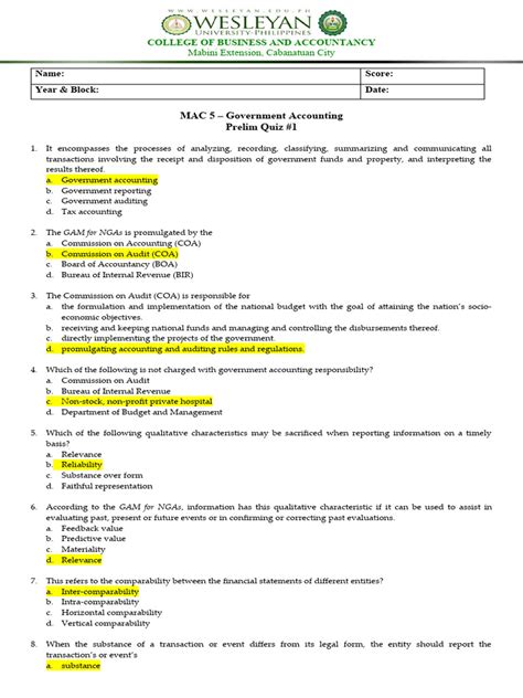 Prelim Quiz 1 Answer Key Pdf Audit Budget