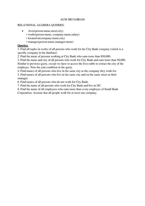 Relational Algebra Queries AUM SRI SAIRAM RELATIONAL ALGBERA QUERIES