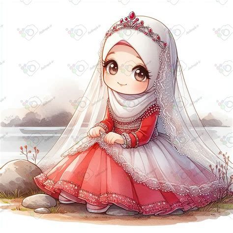 بک گراند کودکانه دختر ناز محجبه با لباس قرمز و شال سپید نشسته روی تخته سنگ کد 41254 ویژه عکس