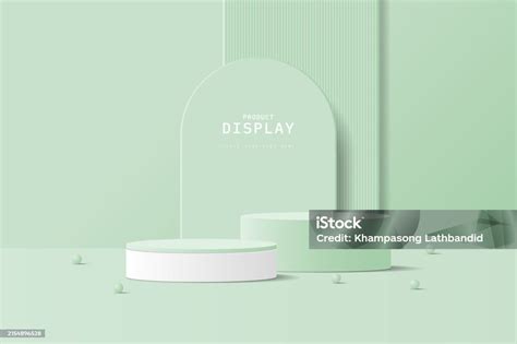추상 녹색과 흰색 3d 실린더 연단 받침대는 아치 모양 수직 배경 및 구체 공으로 사실적입니다 제품 모형을 위한 최소한의 장면