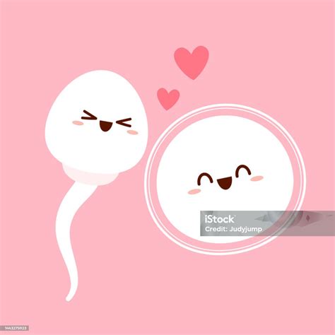 귀여운 행복한 재미 있는 정자 세포와 난자 벡터 플랫 라인 만화입니다 그림 수정 개념입니다 귀여운에 대한 스톡 벡터 아트 및