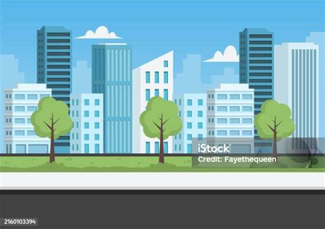 도로 빈 도시 거리 현대적인 고층 빌딩 공원 및 빈 도로가 있는 만화 도시 풍경 0명에 대한 스톡 벡터 아트 및 기타 이미지 0명 Cycling Event 거리