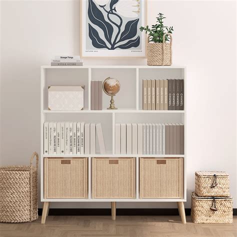 Newbeth Wooden 8 Cube Book Shelf With Legs 3 Tier Freestanding Horizontal Bookshelf Open