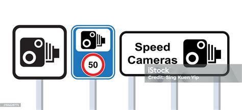 속도 제한 및 교통 안전 카메라 파란색과 흰색 흑백 도로 과속 단속 카메라 표지판입니다 기둥에 과속 단속 카메라 표지판 벡터 일러스트 레이 션입니다 Mandate에 대한