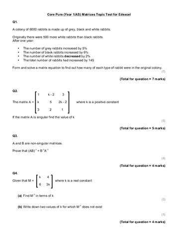 New A Level Matrices Topic Test Edexcel Year 1 As Teaching Resources