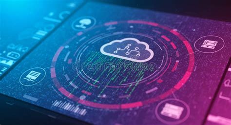 Digital Interface Displaying A Cloud Computing Concept Central Cloud Icon With Stock