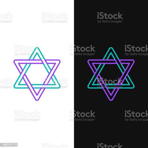 흰색과 검은 색 배경에 고립 된 다윗 아이콘의 녹색과 보라색 라인 스타 유대인 종교의 상징 이스라엘의 상징 벡터 일러스트레이션 0명에 대한 스톡 벡터 아트 및 기타 이미지