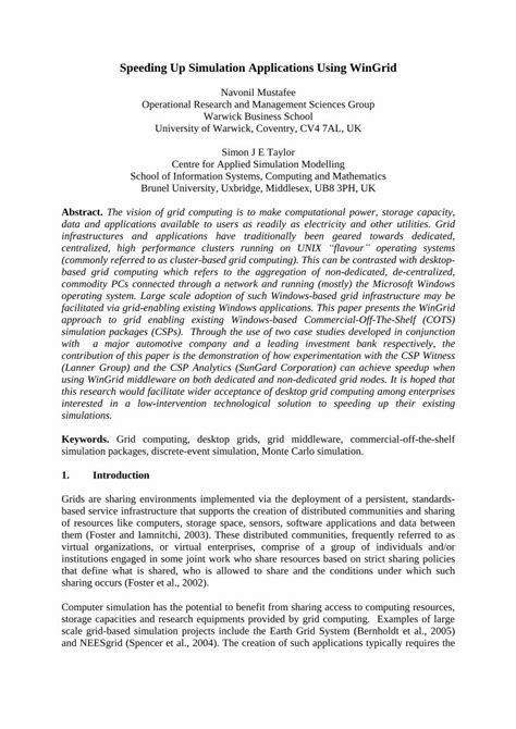 Pdf Grid Enabling Simulation Applications Using Wingridburabrunelacukbitstream243840033