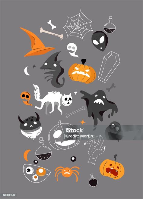 Helloween 인사말 카드 및 포스터 파티 기호에 대 한 벡터 아이콘 및 요소 컬렉션입니다 기호와 기호가 있는 개념 그림입니다 플랫 디자인 만화 10월에 대한 스톡 벡터
