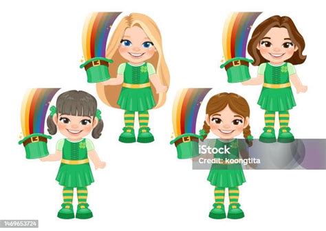 아일랜드 의상을 입은 소녀들과 함께하는 성 패트릭의 날 레프러콘 모자 만화 캐릭터 디자인 벡터에 무지개를 들고 있는 소녀 St Patricks Day에 대한 스톡 벡터