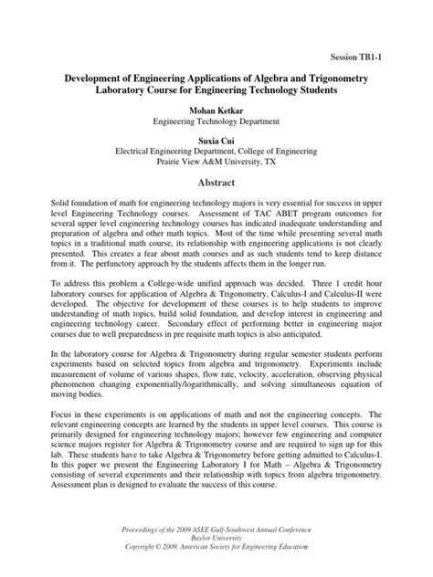 Development Of Engineering Applications Of Algebra And Trigonometry Laboratory Course For
