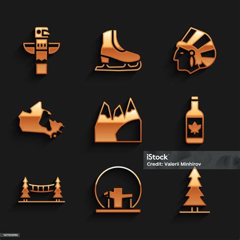 산 몬트리올 생물권 캐나다 가문비 나무 맥주 병 Capilano 현수교 캐나다지도 아메리카 원주민 인디언 및 토템 폴 아이콘을 설정합니다 벡터 0명에 대한 스톡 벡터 아트