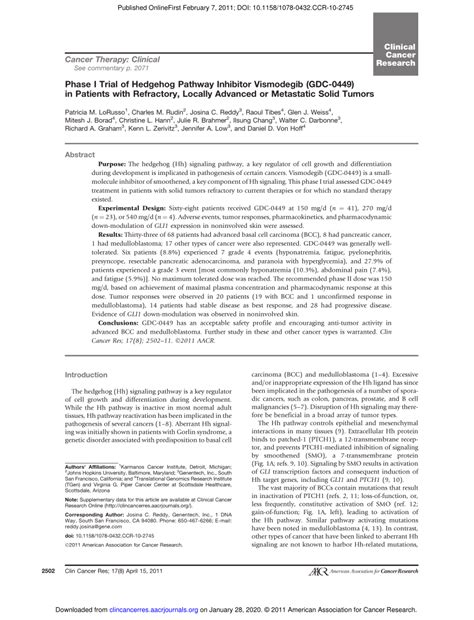 Pdf Phase I Trial Of Hedgehog Pathway Inhibitor Vismodegib Gdc 0449 In Patients With