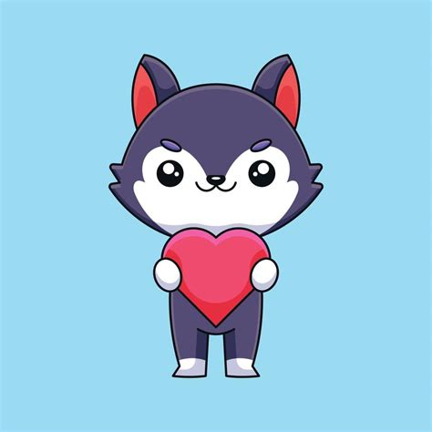 Cute Wolf Holding Love Hearth Cartoon Doodle Art Hand Drawn Concept Vector Kawaii Icon