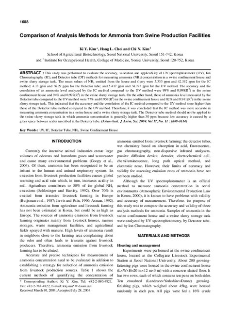 Pdf Comparison Of Analysis Methods For Ammonia From Swine Production Facilities