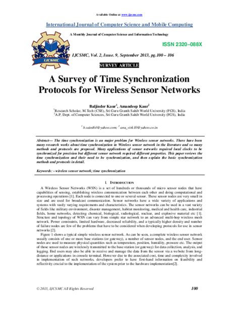 Pdf A Survey Of Time Synchronization Protocols For Wireless Sensor Networks﻿