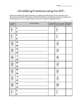 Simplifying Fractions Using The GCF Digital Activity And Printable Worksheet