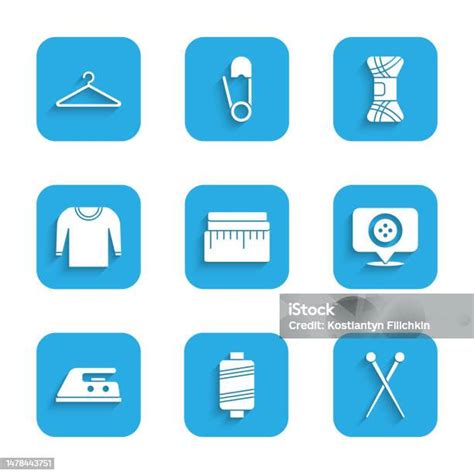 줄자 재봉실 뜨개질 바늘 위치 양복점 전기 다리미 스웨터 원사 및 옷걸이 옷장 아이콘을 설정합니다 벡터 0명에 대한 스톡 벡터 아트 및 기타 이미지 Istock