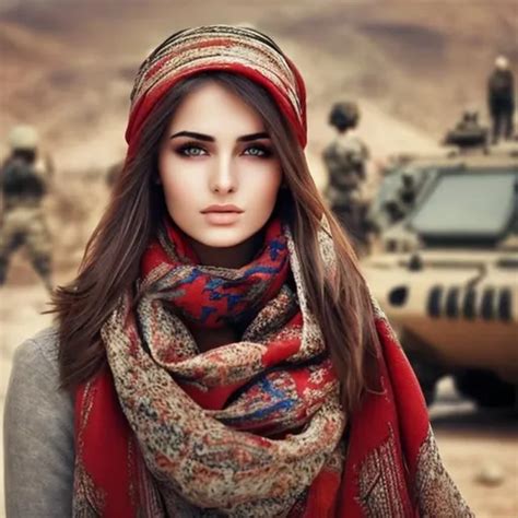 Beautiful Turkish Girl With Scarf On Head And Soldiers