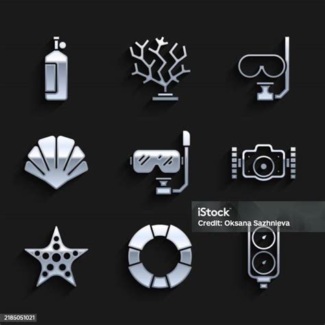 다이빙 마스크 및 스노클 구명 부표 게이지 스케일 사진 카메라 불가사리 가리비 조개 Aqualung 아이콘 세트 벡터 가리비에 대한 스톡 벡터 아트 및 기타 이미지 Istock