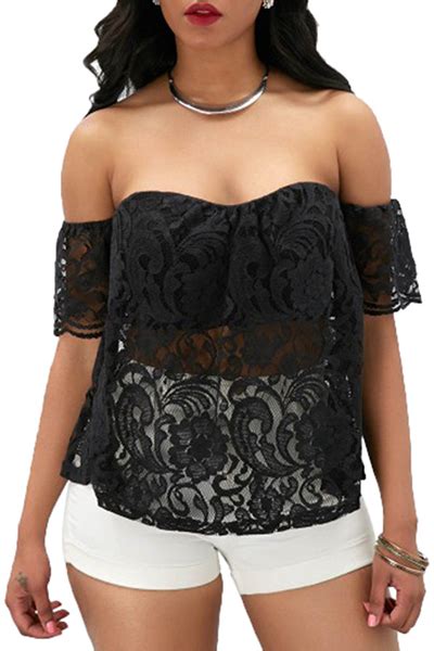 Sexy Dew Shoulder Short Sleeves See Through Black Bud Silk Shirts