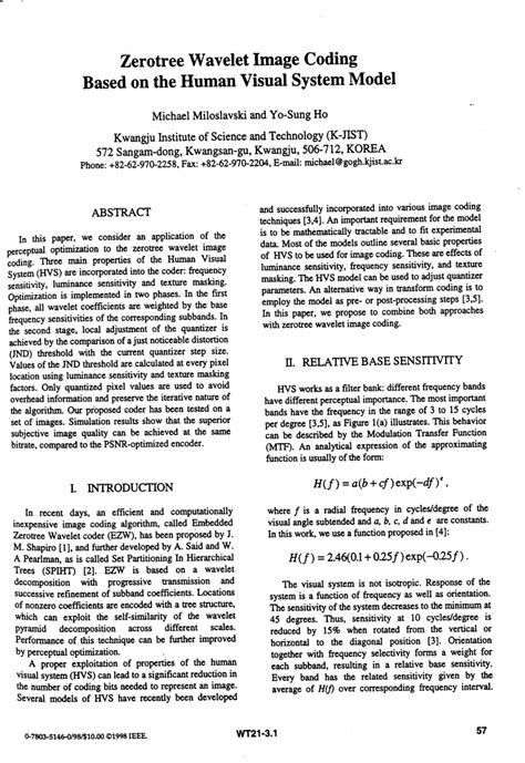 Pdf Zerotree Wavelet Image Coding Based On The Human Visual System Model
