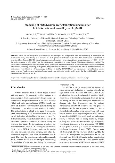 Pdf Modeling Of Metadynamic Recrystallization Kinetics After Hot