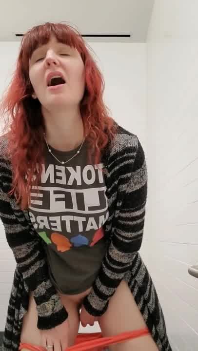 Ginger Haired Wearing Muff Butt Plug All Day At Work And Nutting In Toilet