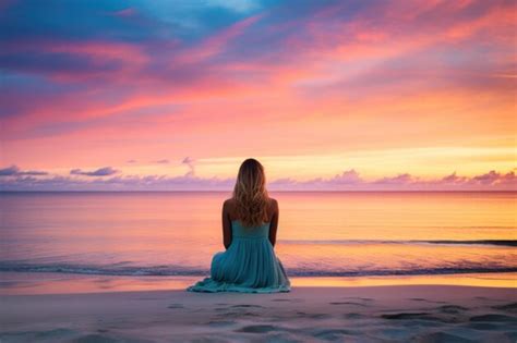 Una Mujer Sentada En Una Playa De Colores Pastel Al Atardecer Foto