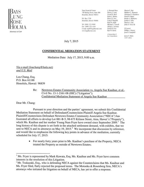 Mediation Statement With Enclosure For Angela Kaaihue