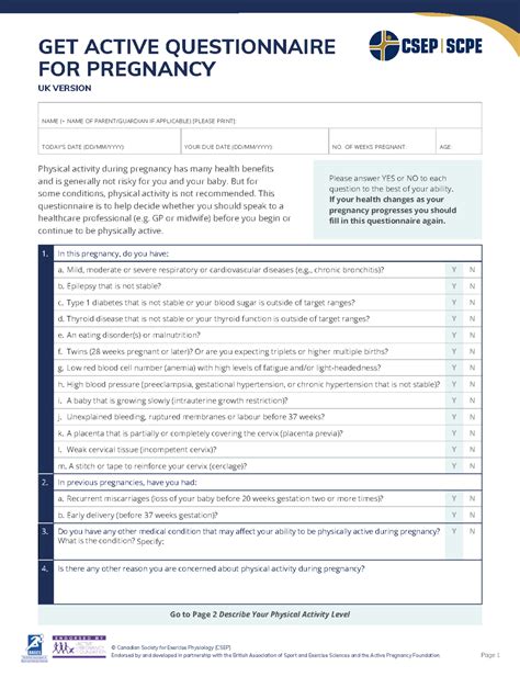 Get Active Pregnancy Questionnaire Uk Edition Csep
