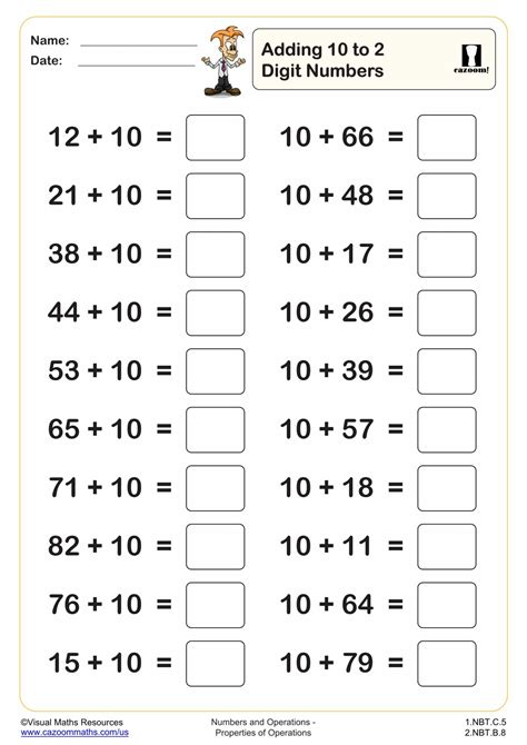 Adding 10 To 2 Digit Numbers 20 Questions Pdf Printable Addition