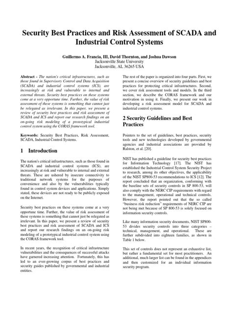 Francia Et Al Security Best Practices And Risk Assessment Of Scada And Ics Pdf Computer