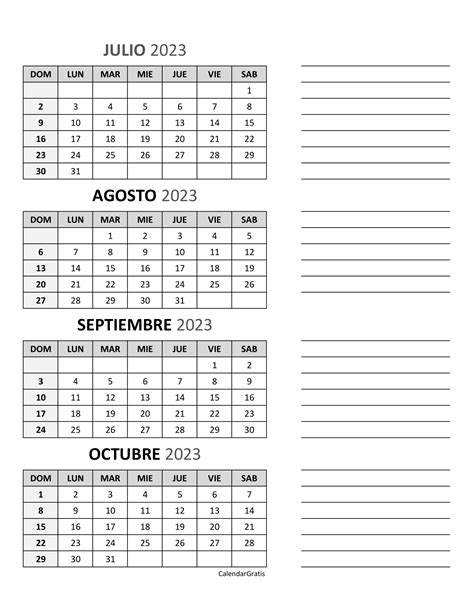 Calendario Julio Agosto Septiembre Octubre 2023