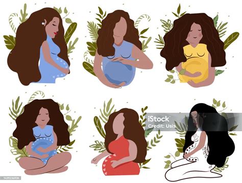 꽃과 나뭇잎의 배경에 행복 한 임신 여자입니다 임산부의 컬렉션입니다 플랫 스타일의 여성 캐릭터 개념 모성 건강 및 임신 벡터