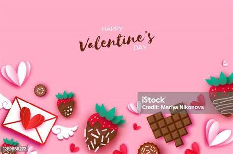 딸기와 초콜릿을 좋아합니다 발렌타인 데이 인사말 카드 하트 종이 컷 스타일 달콤한 디저트 초코 사탕 해피 로맨틱 휴일 텍스트 공간입니다 2월 14일 러브 레터 밸런타인데이에